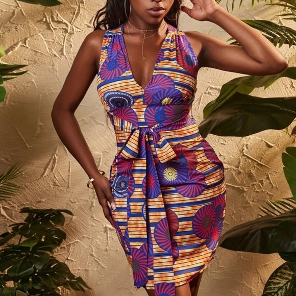 Dresses New African Print Halter Neck Mandala Graphic Multicolor